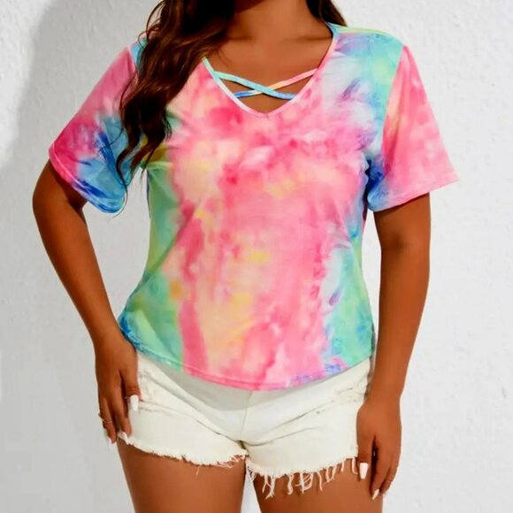 Tops | Short Sleeve Vneck Tie Dye Crisscross Front Tee New | Poshmark
